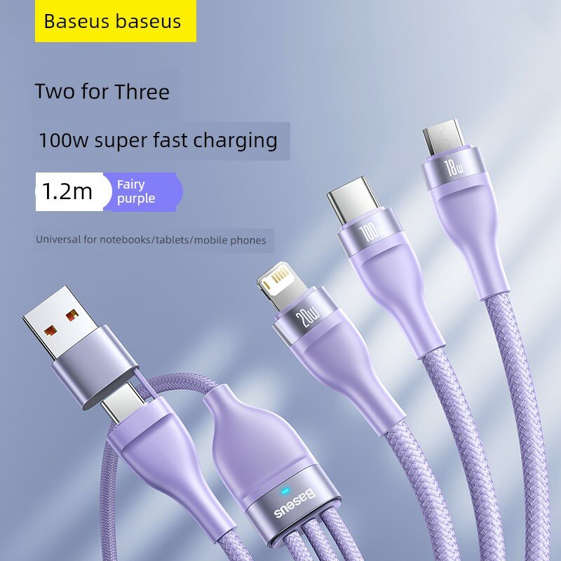 Кабель с быстрой зарядкой 100W PD для iPhone, iPad, Android устройств, 3 в 1, 1.2 м, бабочка пурпурная