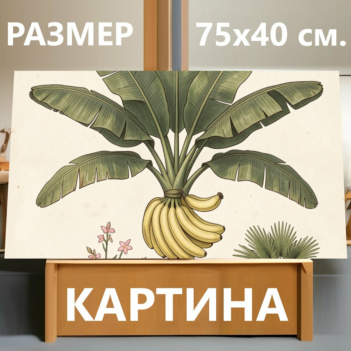 Картина на холсте "Банановая пальма с фруктами. Тропическая ботаническая иллюстрация в винтажном стиле: крупные зеленые листья, гроздья желтых." на подрамнике 75х40 см. для интерьера