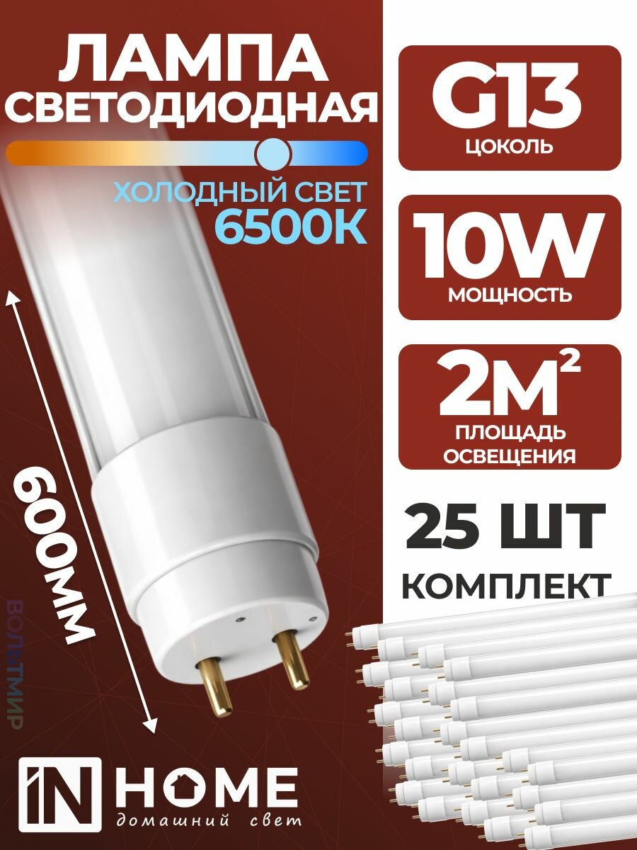 Лампа светодиодная LED-T8-М-PRO 10Вт 230В G13 6500К 1000Лм 600мм 25 штук