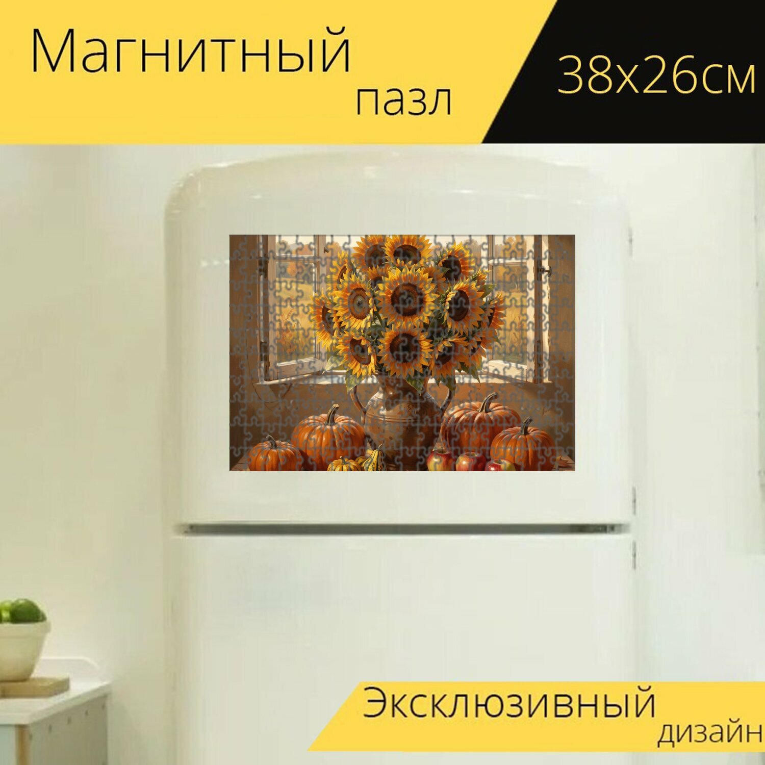 Магнитный пазл "Осенний натюрморт с подсолнухами. Тёплая деревенская композиция в золотистых и оранжевых тонах: букет солнечных цветов в керамическом." для интерьера, 38х26 см.