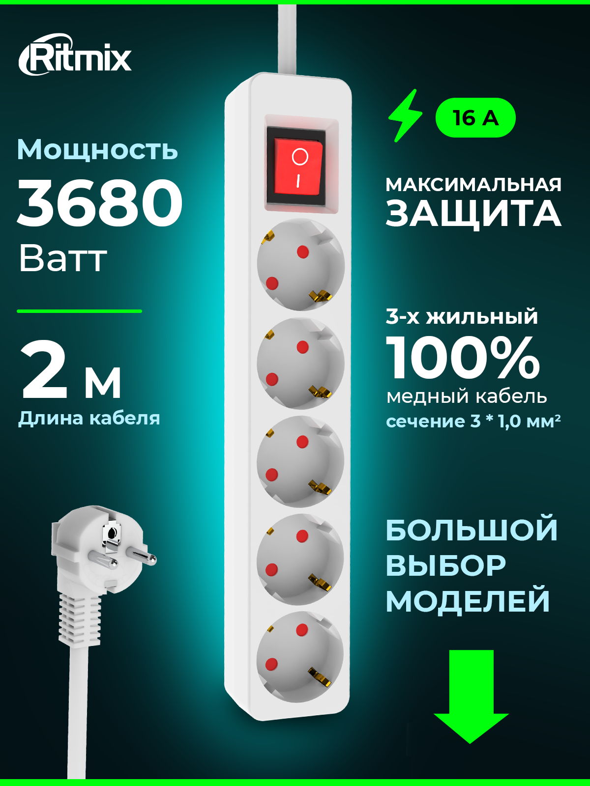 Сетевой фильтр, удлинитель RITMIX RM-250K White, 5 розеток, медный кабель, 2м, евровилка с заземлением