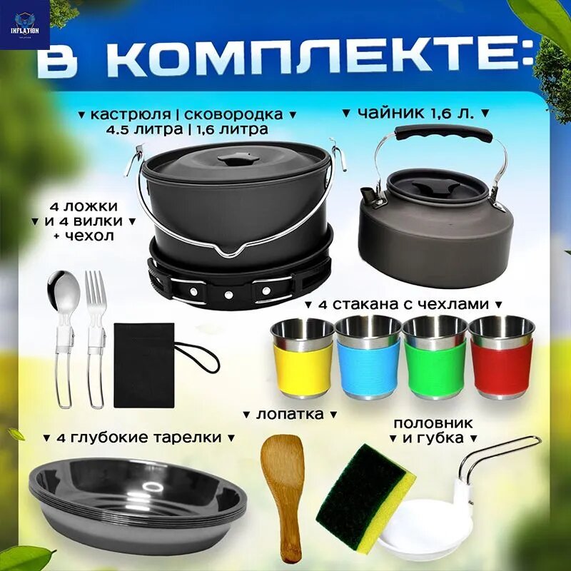 Набор походной посуды для кемпинга Складные кастрюли и чайник Компактный комплект для готовки на природе Легкий алюминиевый набор для пикника и путешествий, складной котелок с чайником