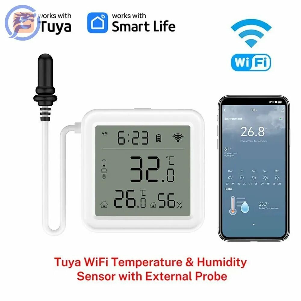 Умный Wi-Fi датчик температуры и влажности с внешним зондом и дисплеем