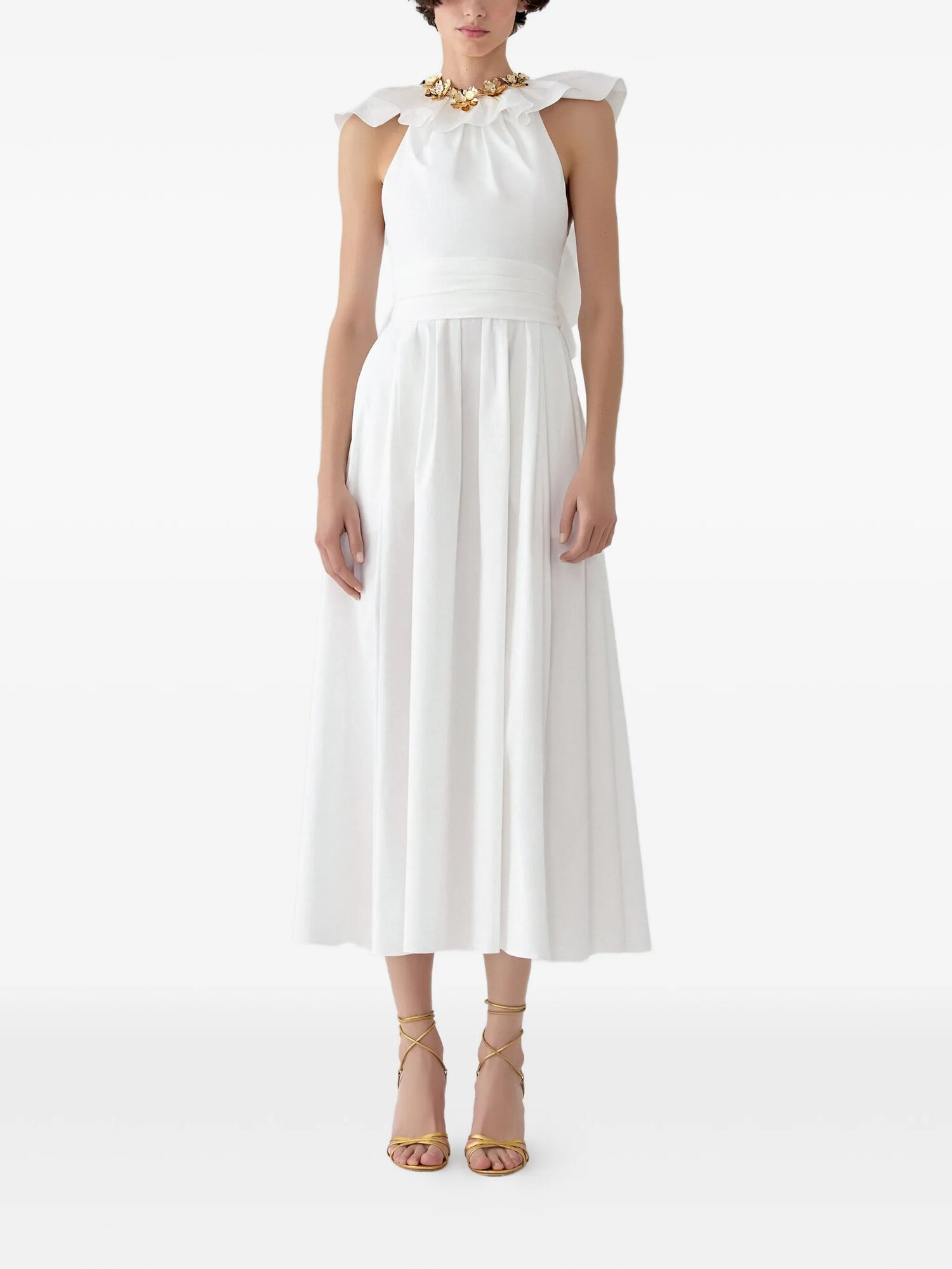 Платье CAROLINA HERRERA Ruffled neckline dress, размер 4, бежевый/белый — фото 1