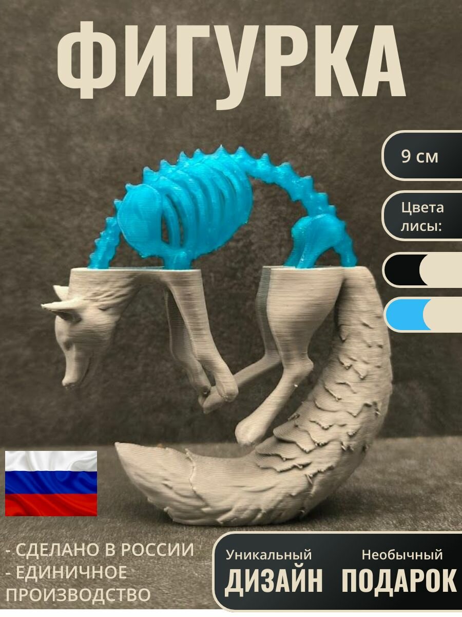 Фигурка Лиса-Скелет, арт-объект, декоративный, 3D, серо-голубая, 9x2.5x9.5см, серия "В двух мирах"