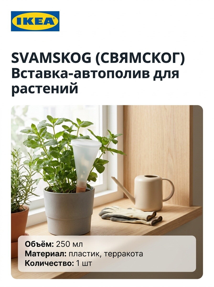 Вставка-автополив для растений IKEA - SVAMSKOG (свямског), прозрачная, 250 мл, 1 шт