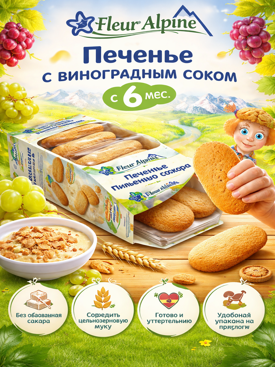 Печенье детское Fleur Alpine с виноградным соком с 6 месяцев, 120г