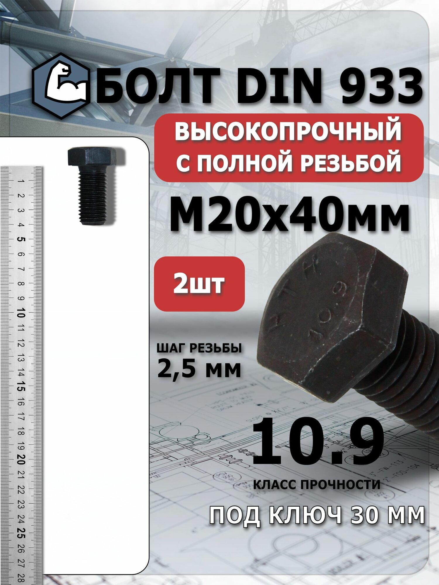 Болт шестигранный DIN933 20х 40 10.9 (2шт)