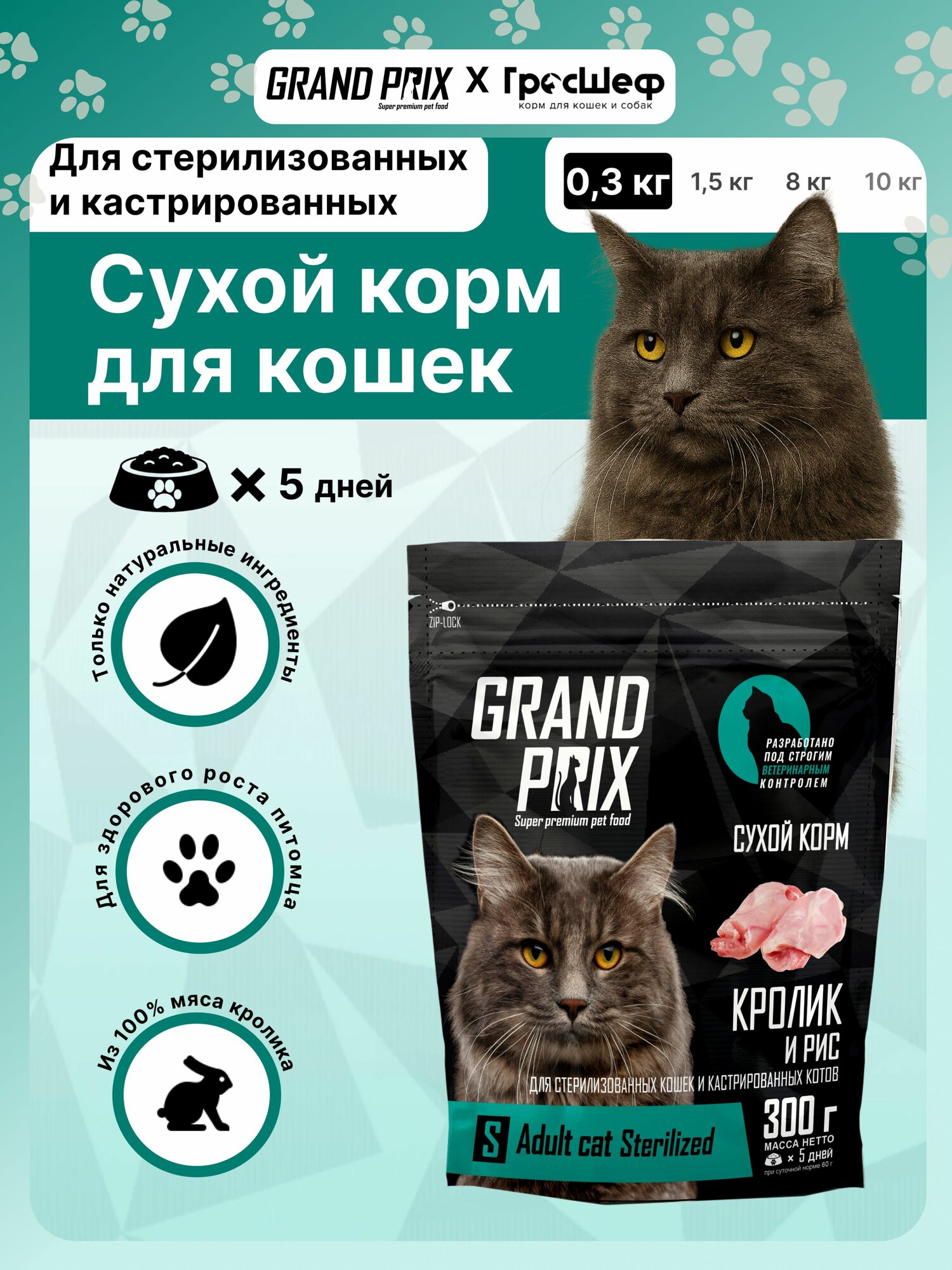 Сухой корм для стерилизованных кошек и кастрированных котов Grand Prix с мясом кролика 300 г