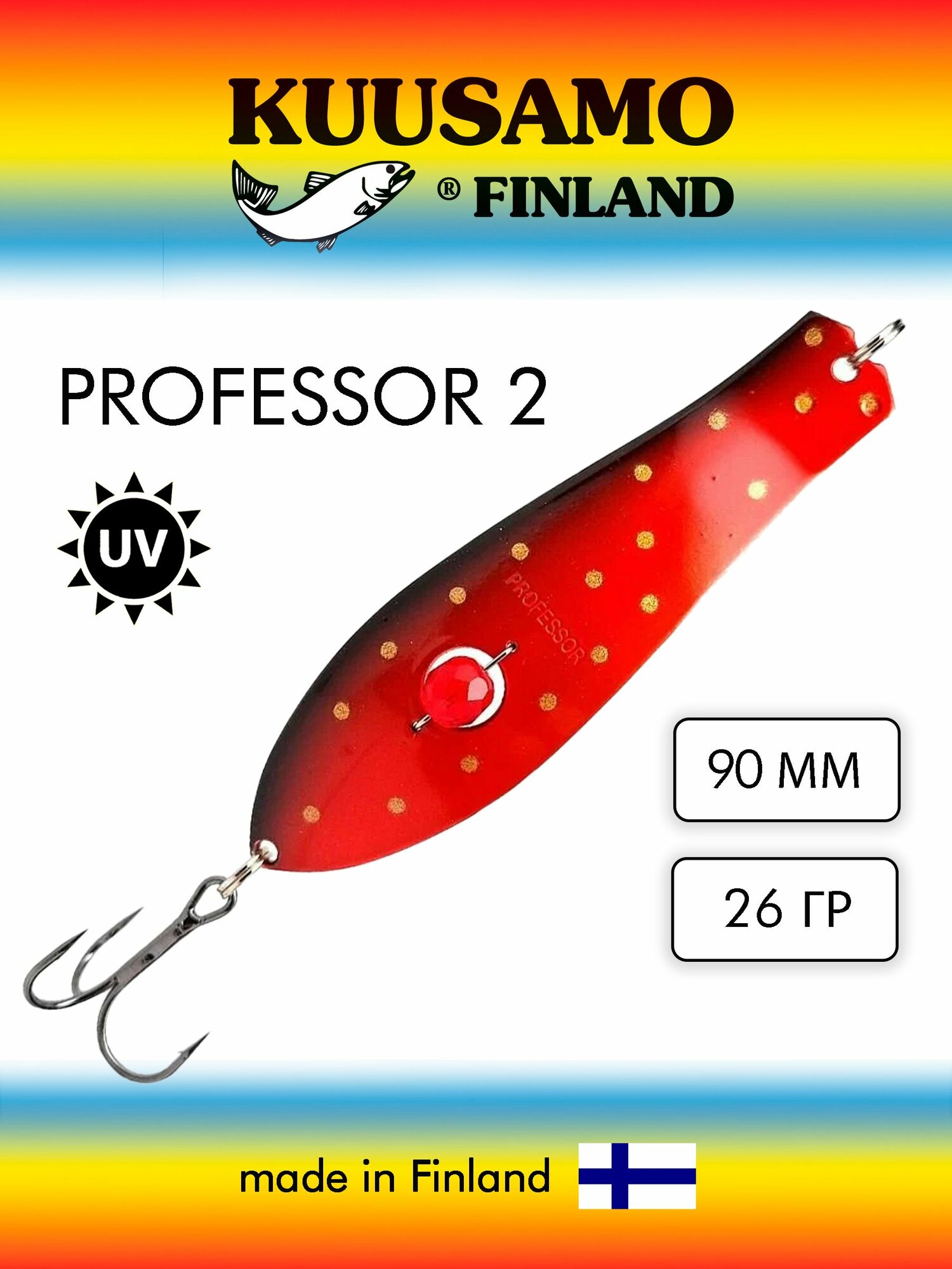 Блесна колеблющаяся (колебалка) Kuusamo Professor 2, 90мм, 26гр. с бусиной BL/FR/G-S, UV