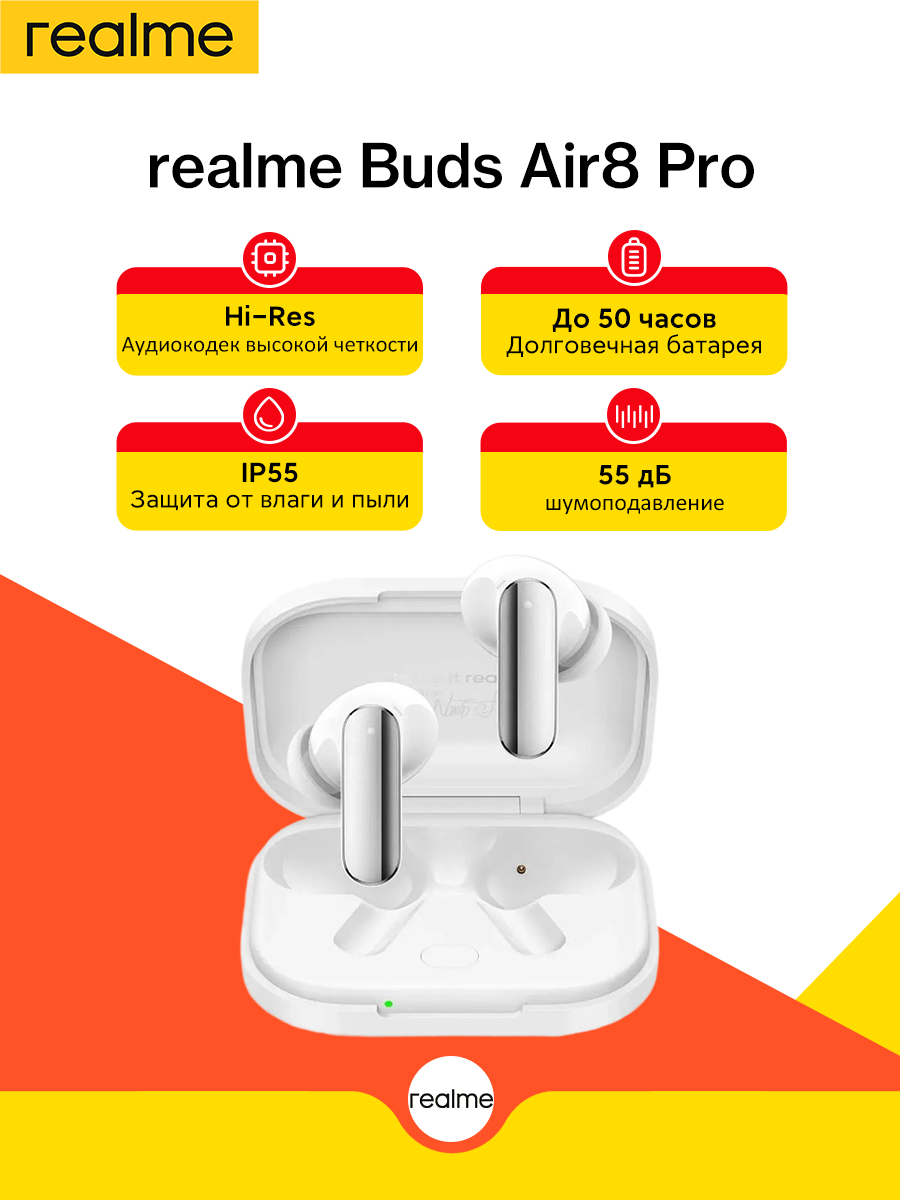 Наушники realme Buds Air 8 Pro, беспроводные, активное шумоподавление, белые