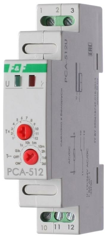 Реле времени PCA-512U 8А 12-264В AC/DC 1 перекл. IP20 задержка выключ. монтаж на DIN-рейке F&F EA02.001.002