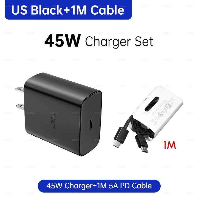 Зарядное устройство USB-C PD 45 Вт для Samsung S26 S25 S24 Ultra, адаптер Черный, Black 45W US set