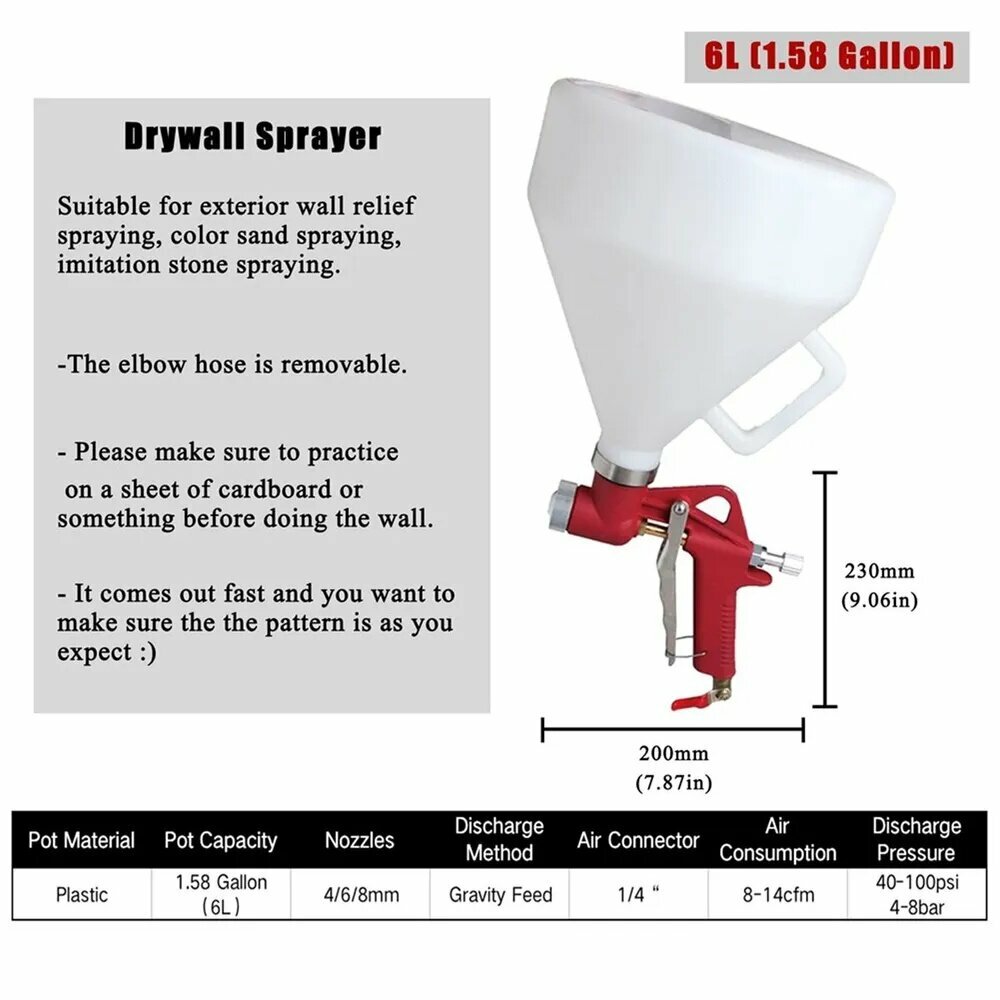 Насадки 4/6/8 мм для текстурной покраски гипсокартона, воздушный бункер 1,58 галлона (6 л)