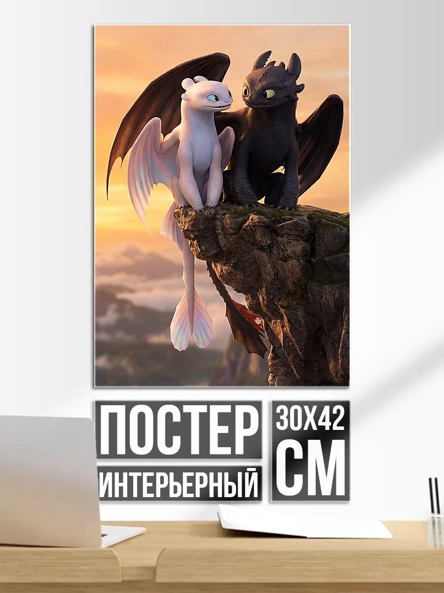 Плакат постер Драконы Беззубик и Дневная Фурия