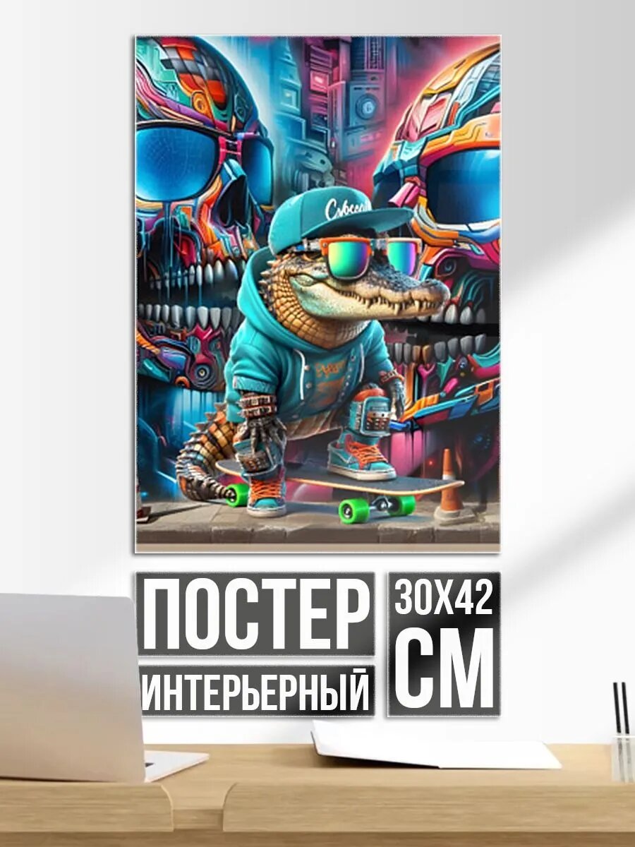 Постер на стену Крокодилёныш крутой скейтбордист - киберпанк