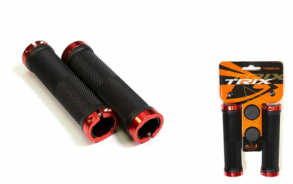 Грипсы TRIX GRTX-201-BLACK-RED, резиновые, 130мм, алюминиевые фиксаторы на руль красные-2 шт, с заглушками руля, черные