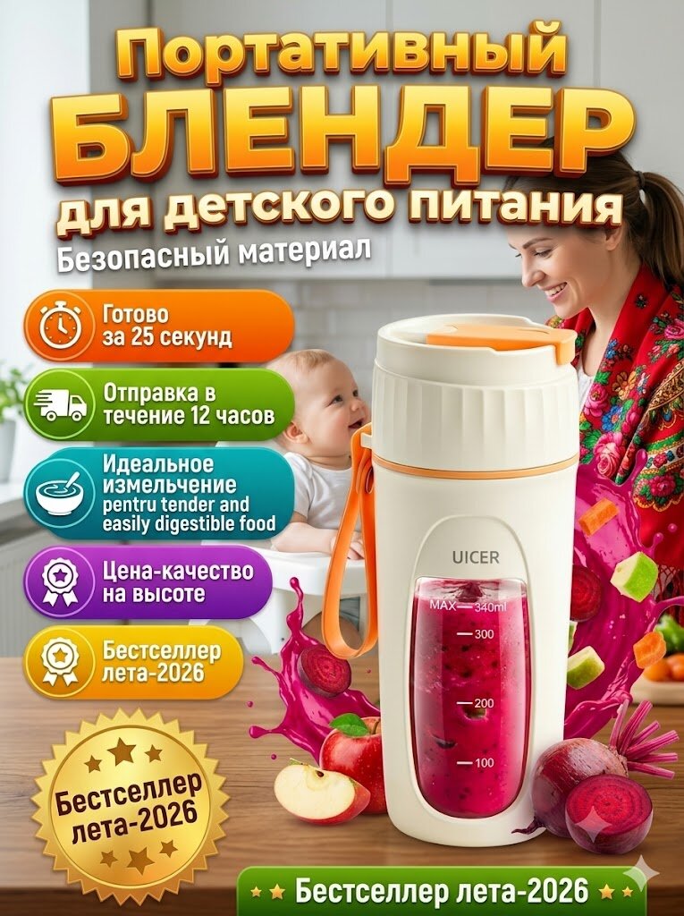 Портативный блендер беспроводной для смузи и коктейлей, 3 скорости с дисплеем, белый