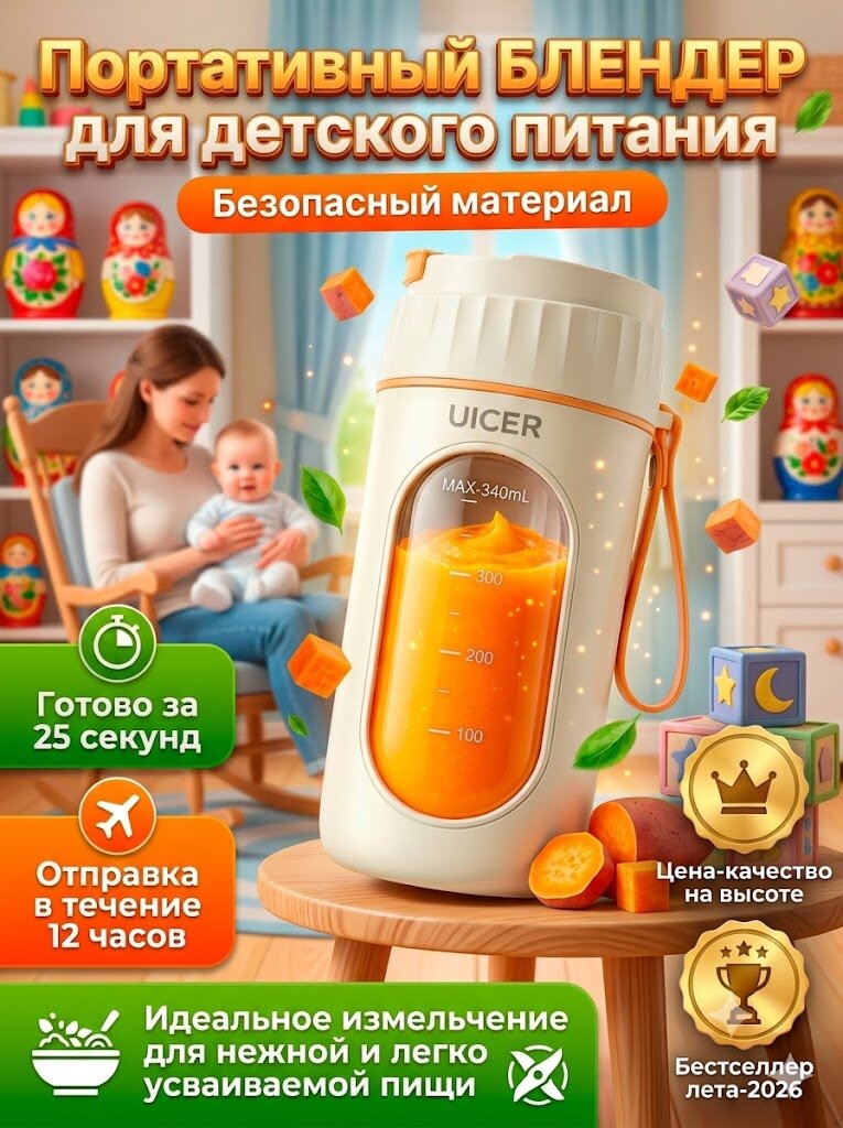 Портативный блендер беспроводной для смузи и коктейлей, 3 скорости с дисплеем, белый
