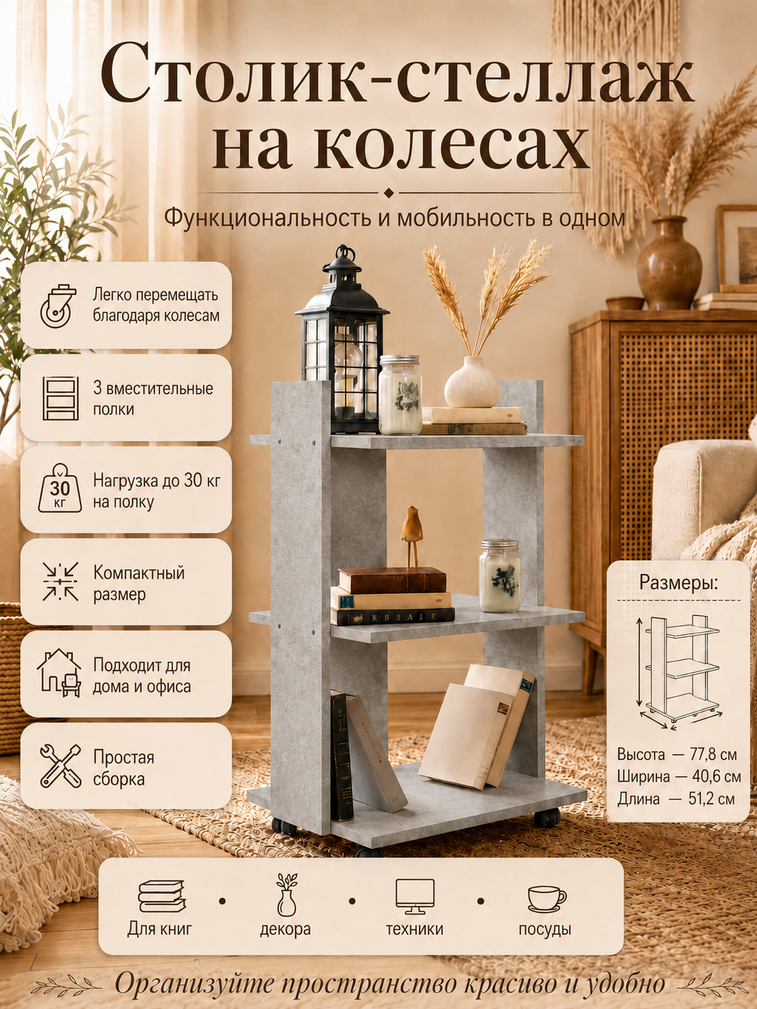 Столик-стеллаж на колесах с 3 полками