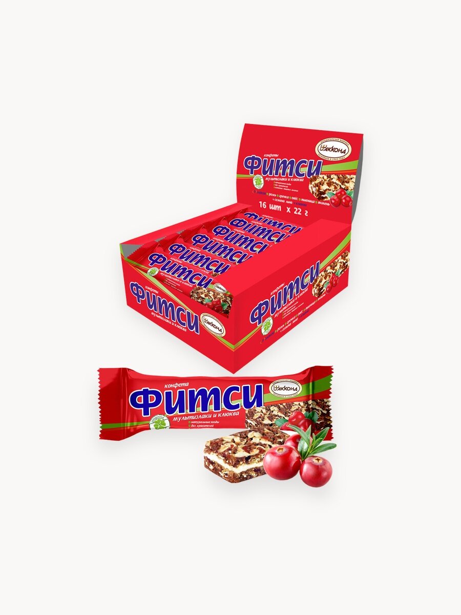 Акконд /Конфеты "Фитси" мультизлаки и клюква батончик 22 гр х 16 шт./Вкус, знакомый с детства.