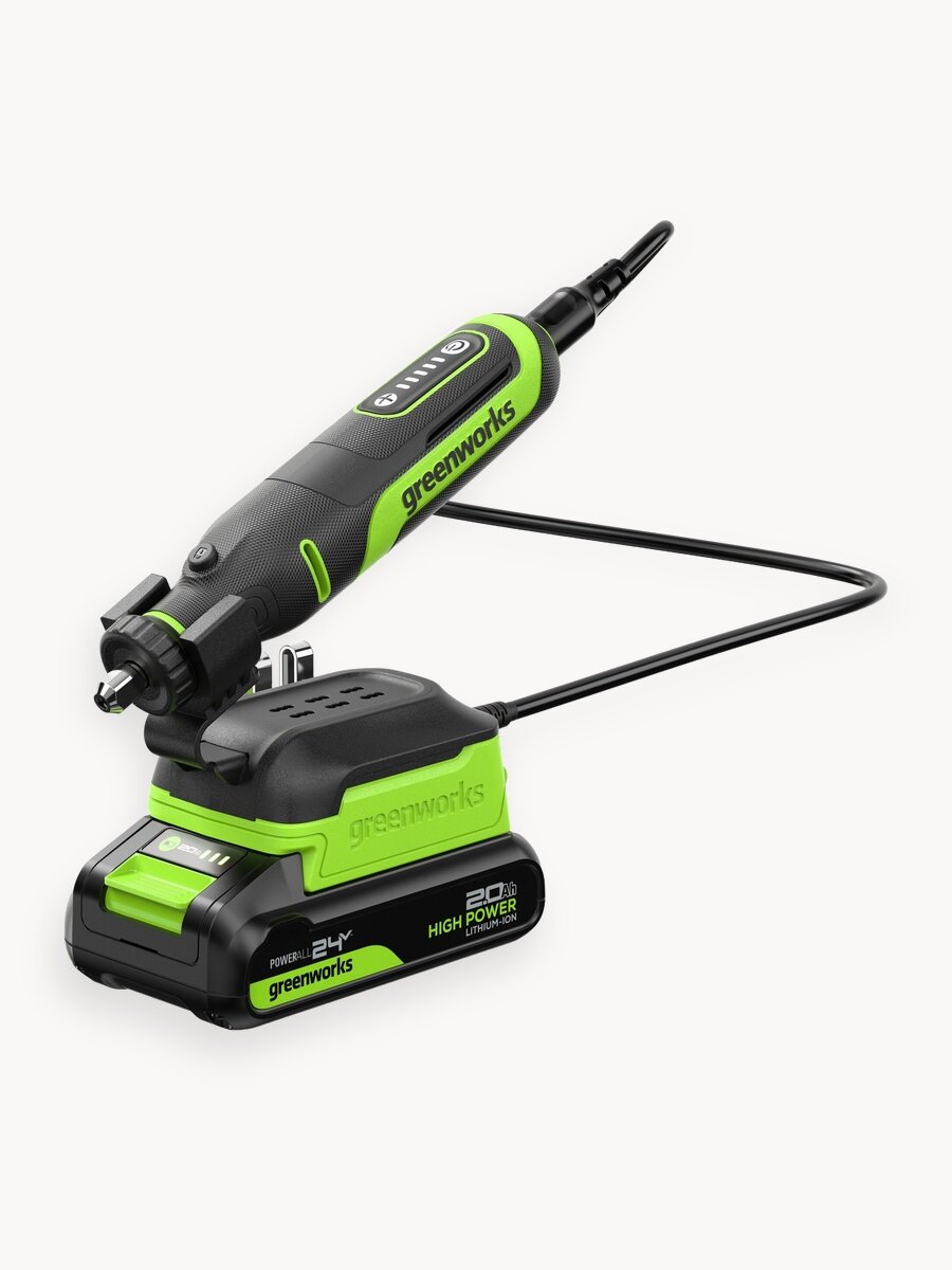 Гравёр аккумуляторный Greenworks 24V, АКБ2 Ач и ЗУ, с сумкой, зеленый