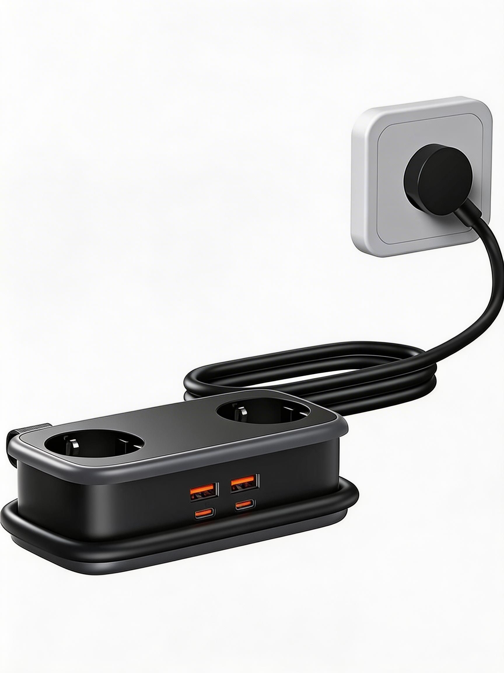 Удлинитель с плоской вилкой и органайзером кабеля, 2 розетки + 4 USB (2C+2A), 1.5м для дома, офиса и круизов, черный