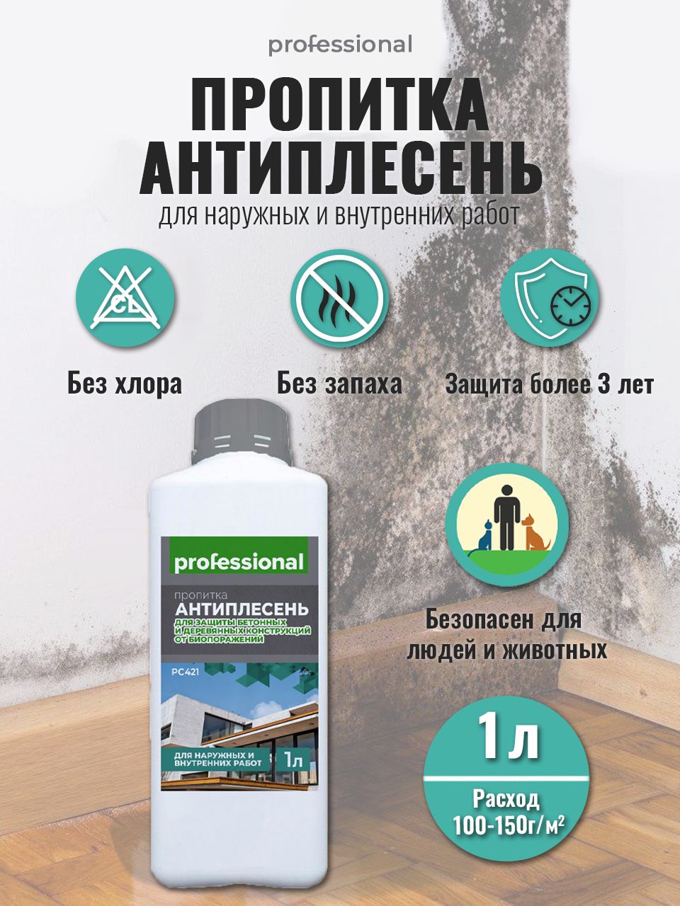 PROFESSIONAL Средство от плесени и грибка, пропитка Антиплесень для профилактики против плесени стен, бетона, дерева 1л