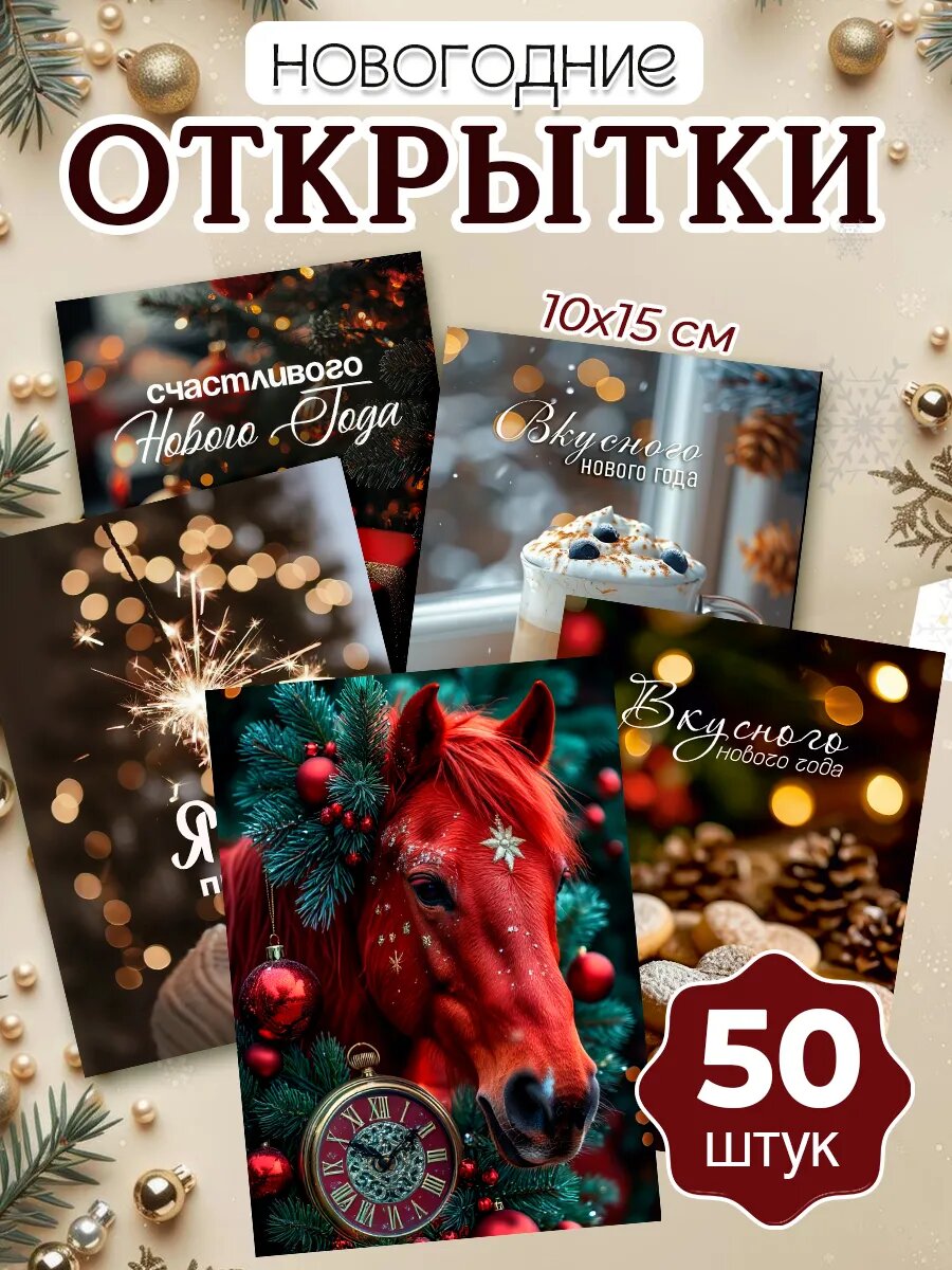 Набор открыток к Новому году с пожеланиями, 50 шт