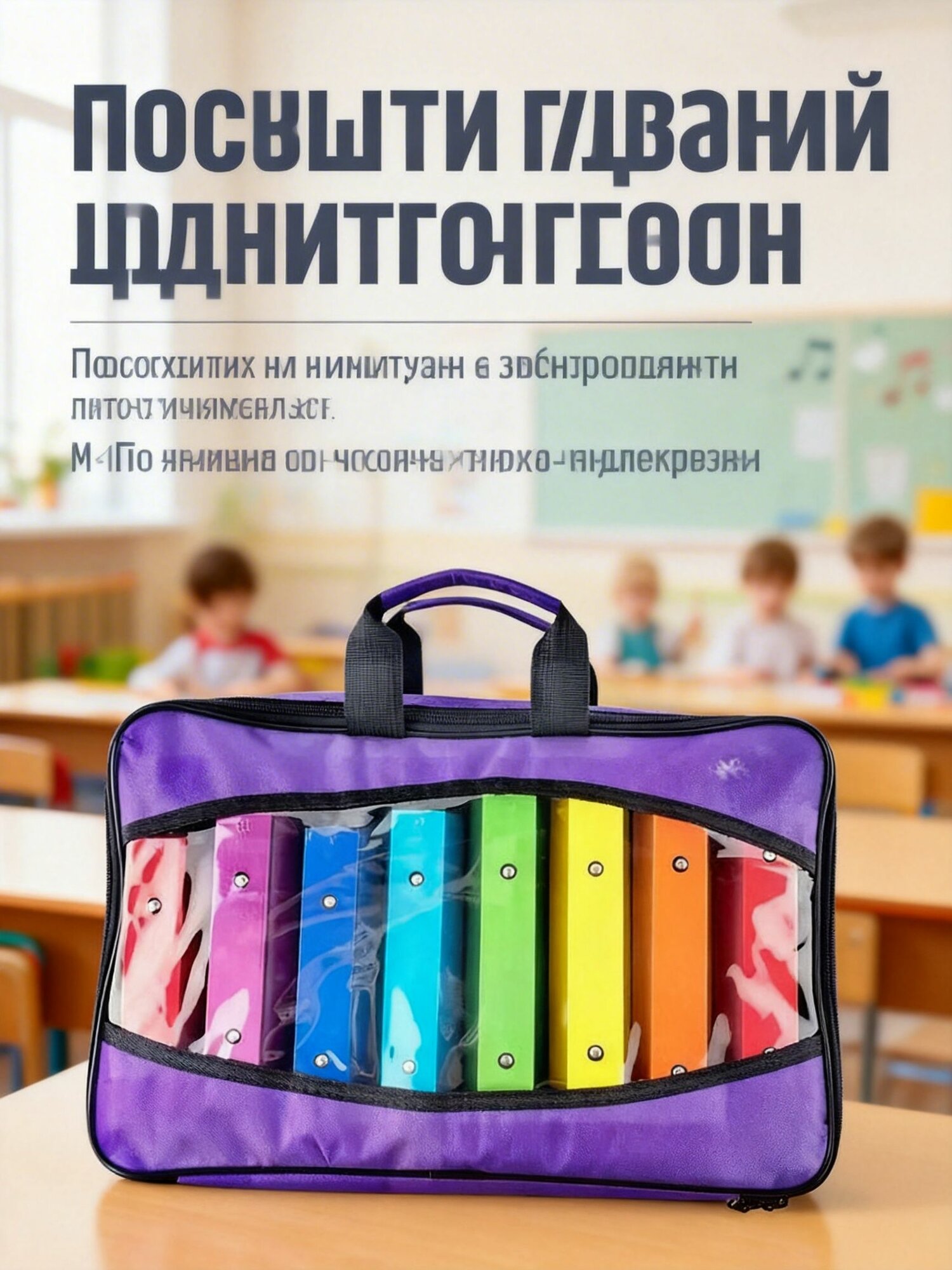 Цветной металлофон из восьми трубок в чехле для переноски, с двумя молоточками в комплекте