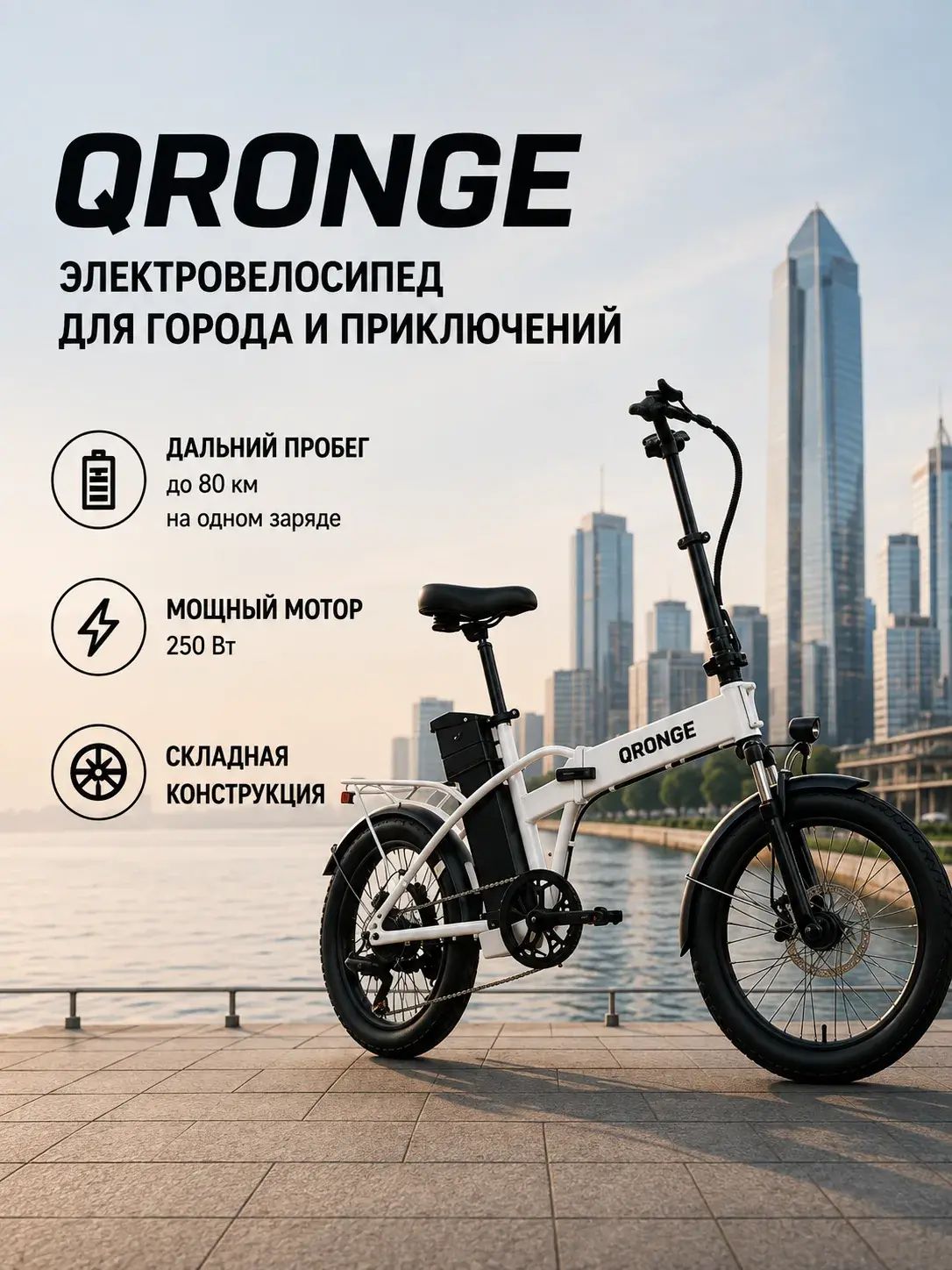 Электровелосипед QRONGE Waterfall 350 Вт, 48V/13.5Ah, до 60 км, 40 км/ч, складной, синий