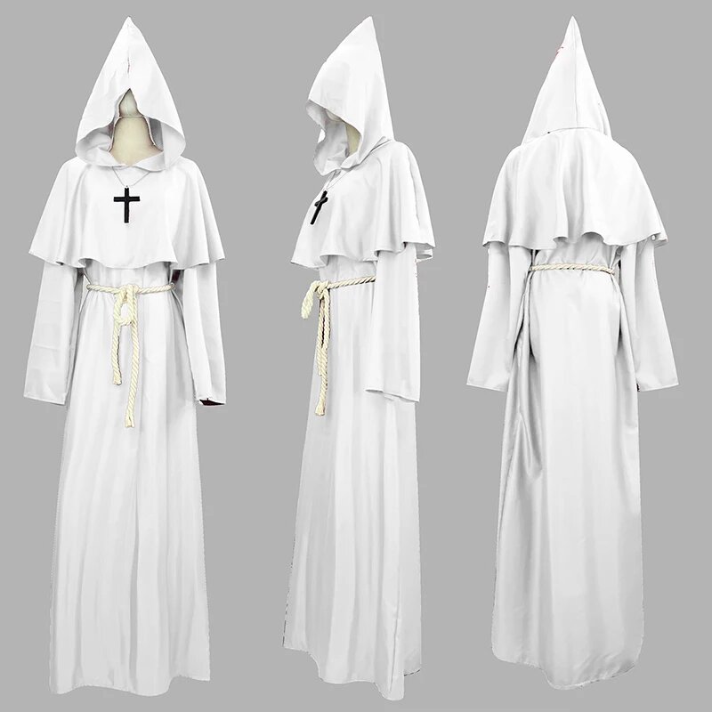 Белый средневековый плащ с капюшоном, 4XL