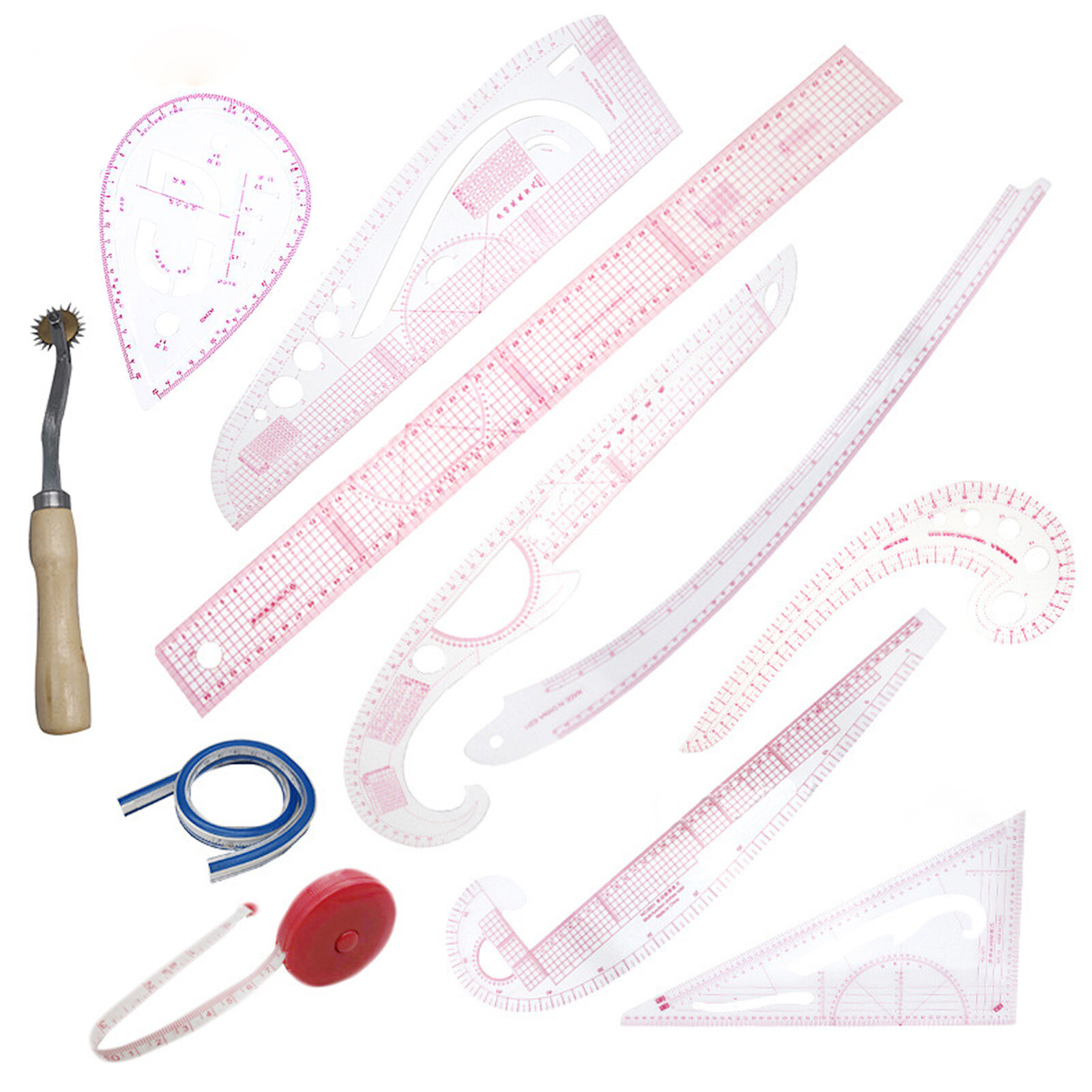 11PCS Мультицветные Пластиковые Французские Метрические Линейки для Одежды Фэшн Кривые Линейки Грейдинг Линейки Колесная Линейка для Ткани Метрическая Лента Инструменты для Шитья Дизайна Паттернов Самодельного Одежды Гибкие Чертежные Шаблоны