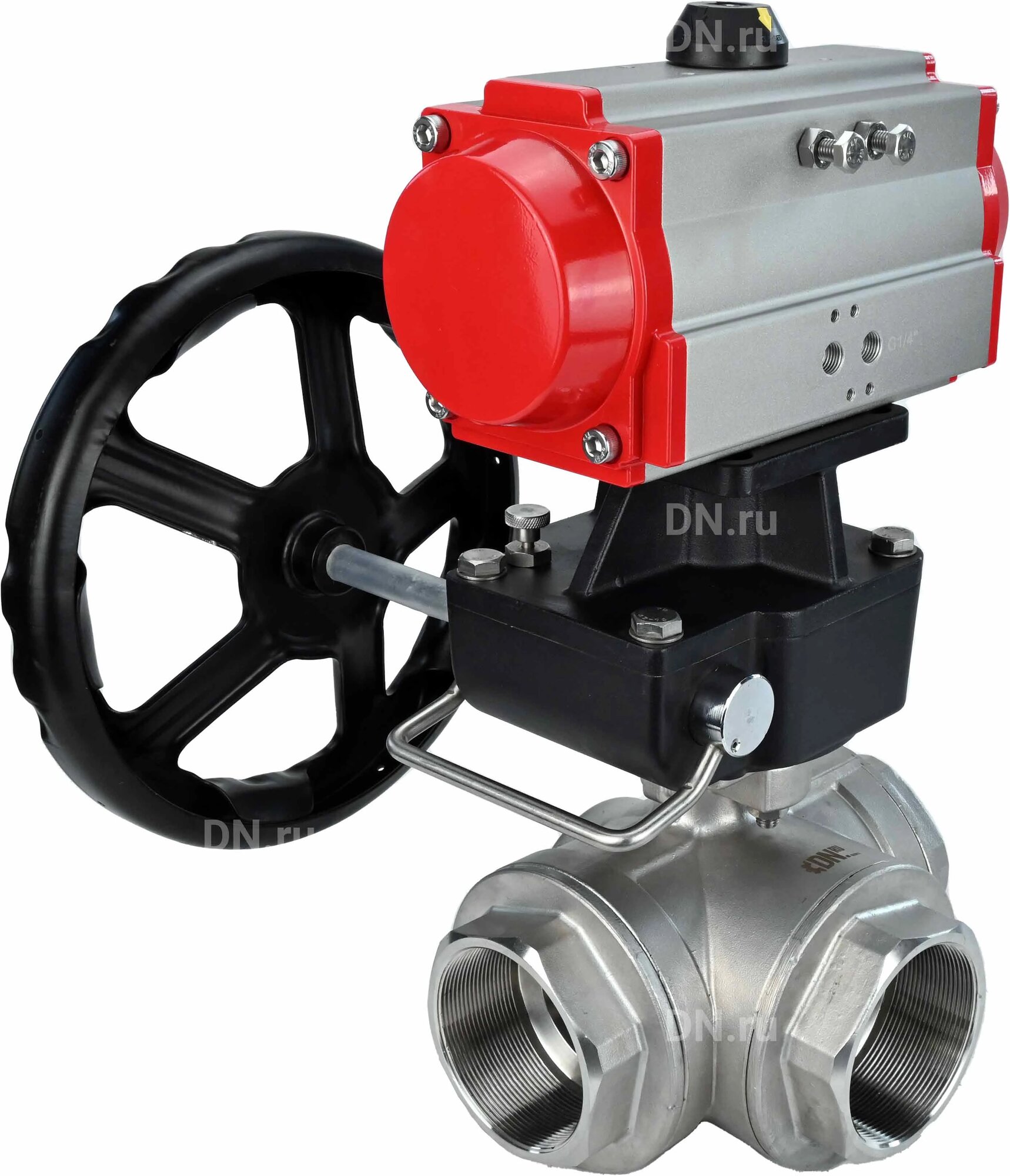 Кран шаровой DN.ru RP. SS316.200. MM.040-ISO Ду40 Ру63 стандартнопроходной трехходовой L-тип, нержавеющая сталь SS316, внутренняя резьба, уплотнение - PTFE, с пневмоприводом DA-065 и ручным дублером HDM-1