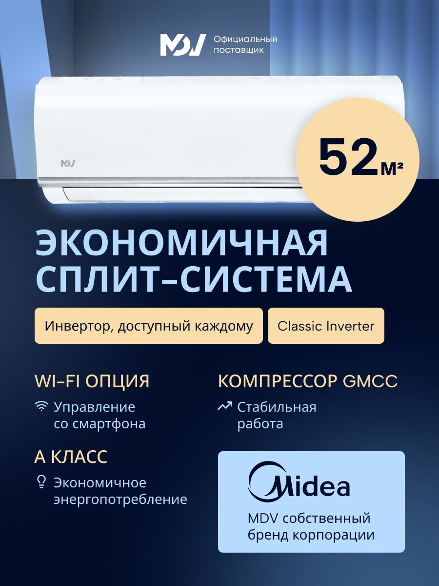Сплит-система инверторная MDV Classic MDSC-18HRFN8/MDOC-18HFN8, 18 kBTU, кондиционер до 52 кв. м.