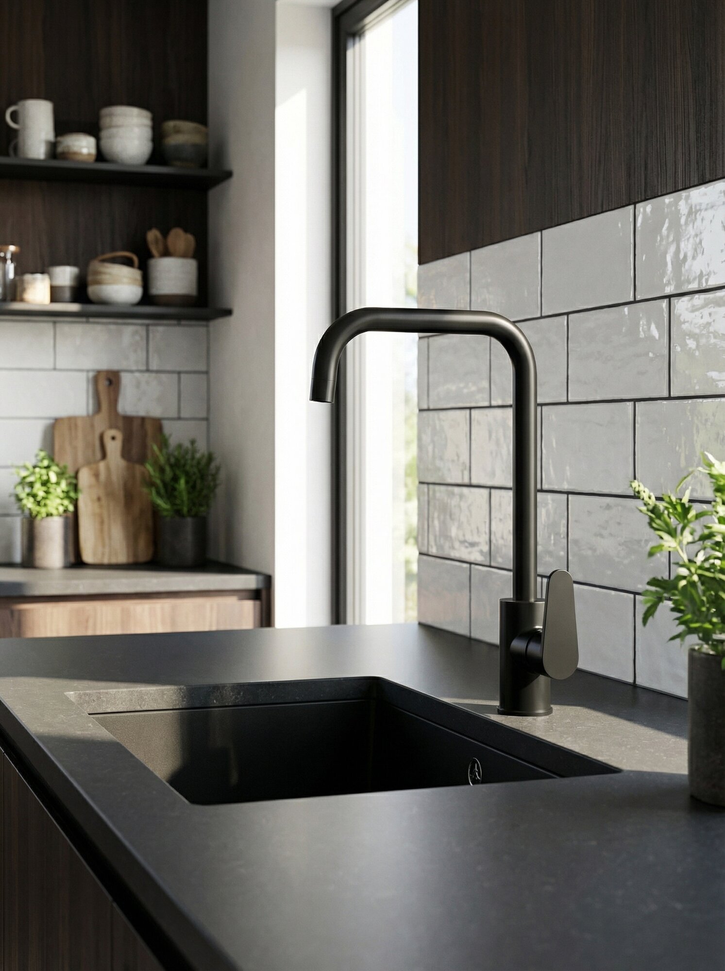 Смеситель для кухни с поворотным Г-изливом черный / гарантия 5 лет / коллекция Waterfall
