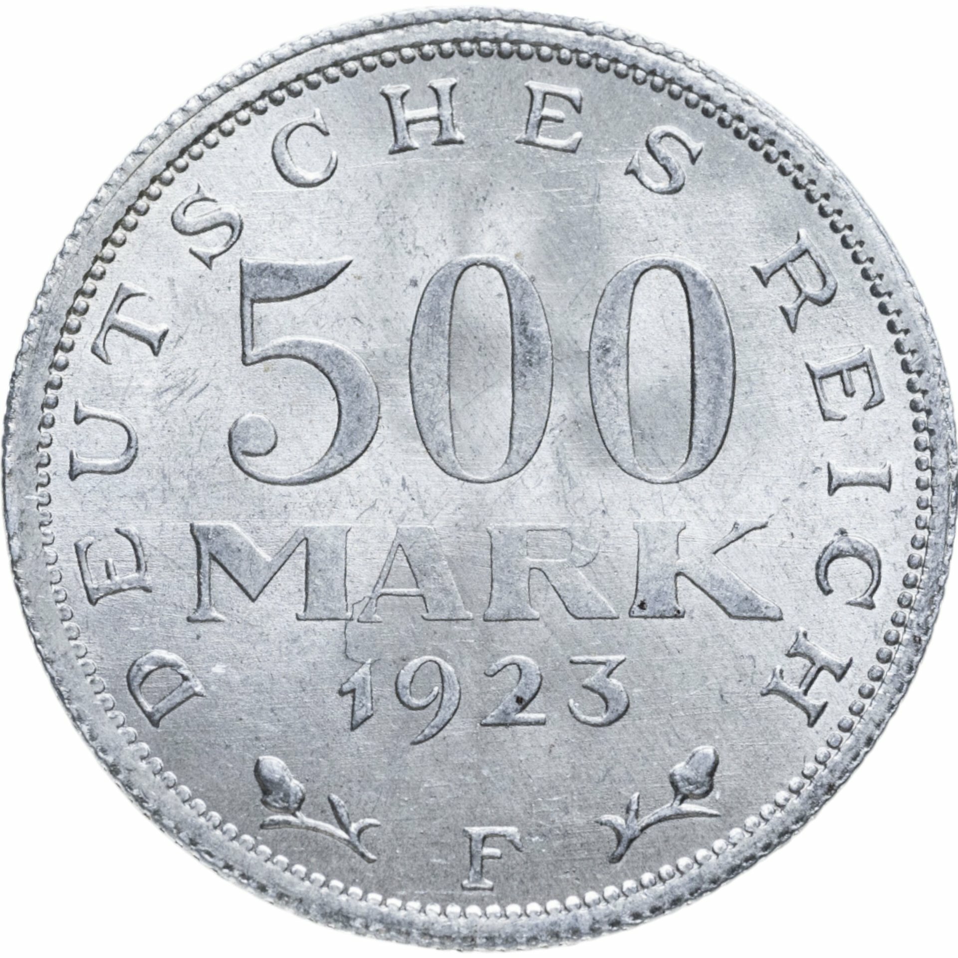 Германия 500 марок mark 1923, знак монетного двора "F", Алюминий, в сохранности UNC