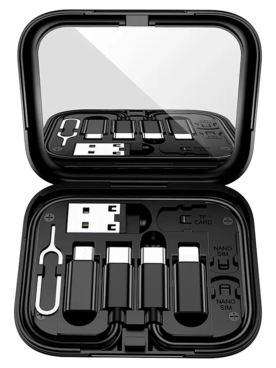 Универсальный набор кабелей Hoco U114, 25 см, черный (USB-A, USB-C, Lightning, microUSB, скрепка SIM-карты, зеркало) / подставка для смартфона