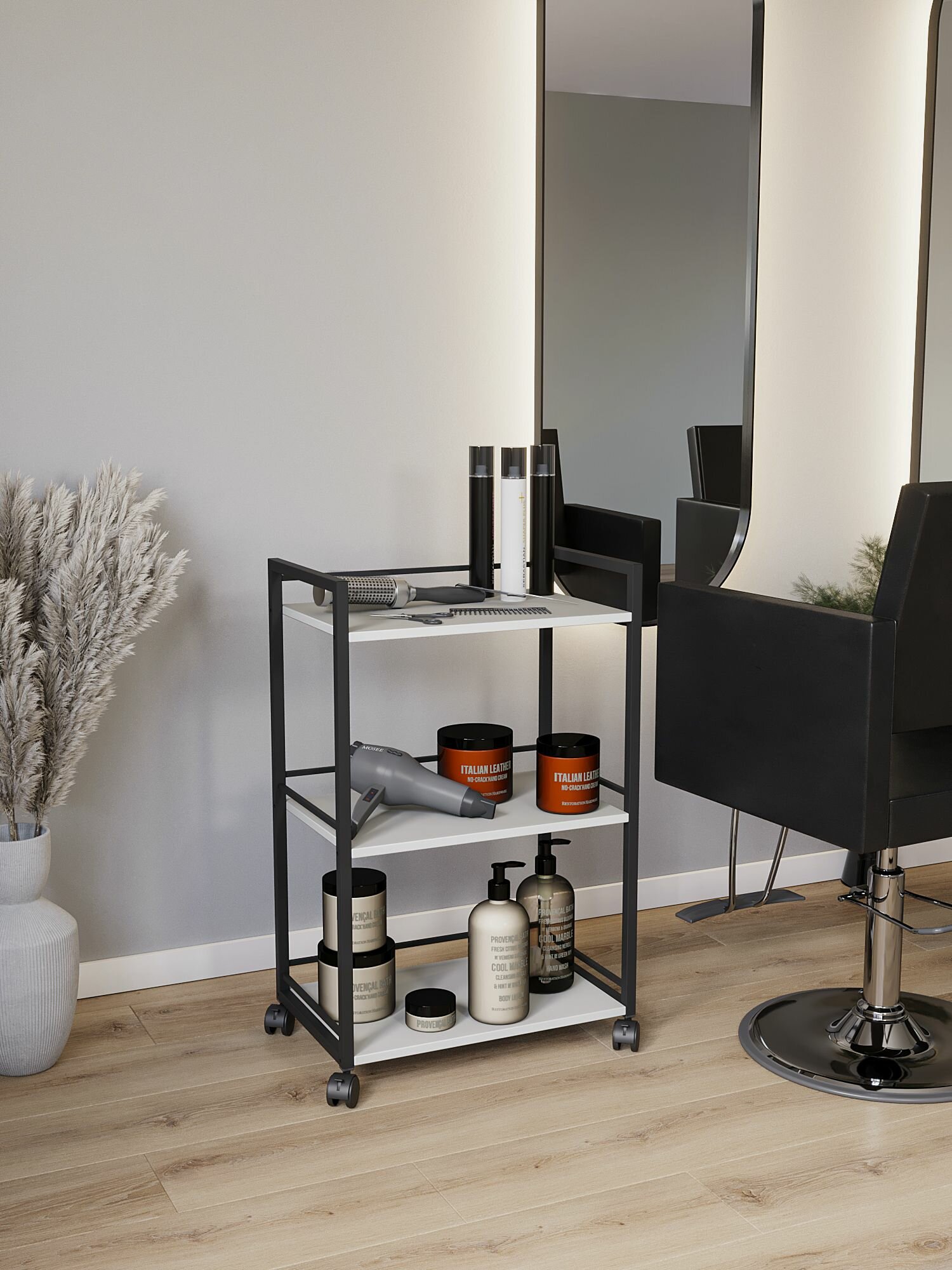 Этажерка косметологическая для мастера подкатная на колесиках черный/белый