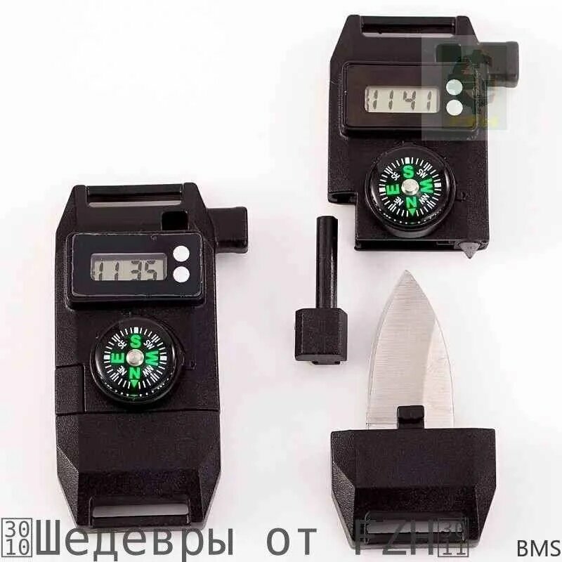 Браслет выживания Ртомаркет тактический (электр. часы, нож, компас), черный