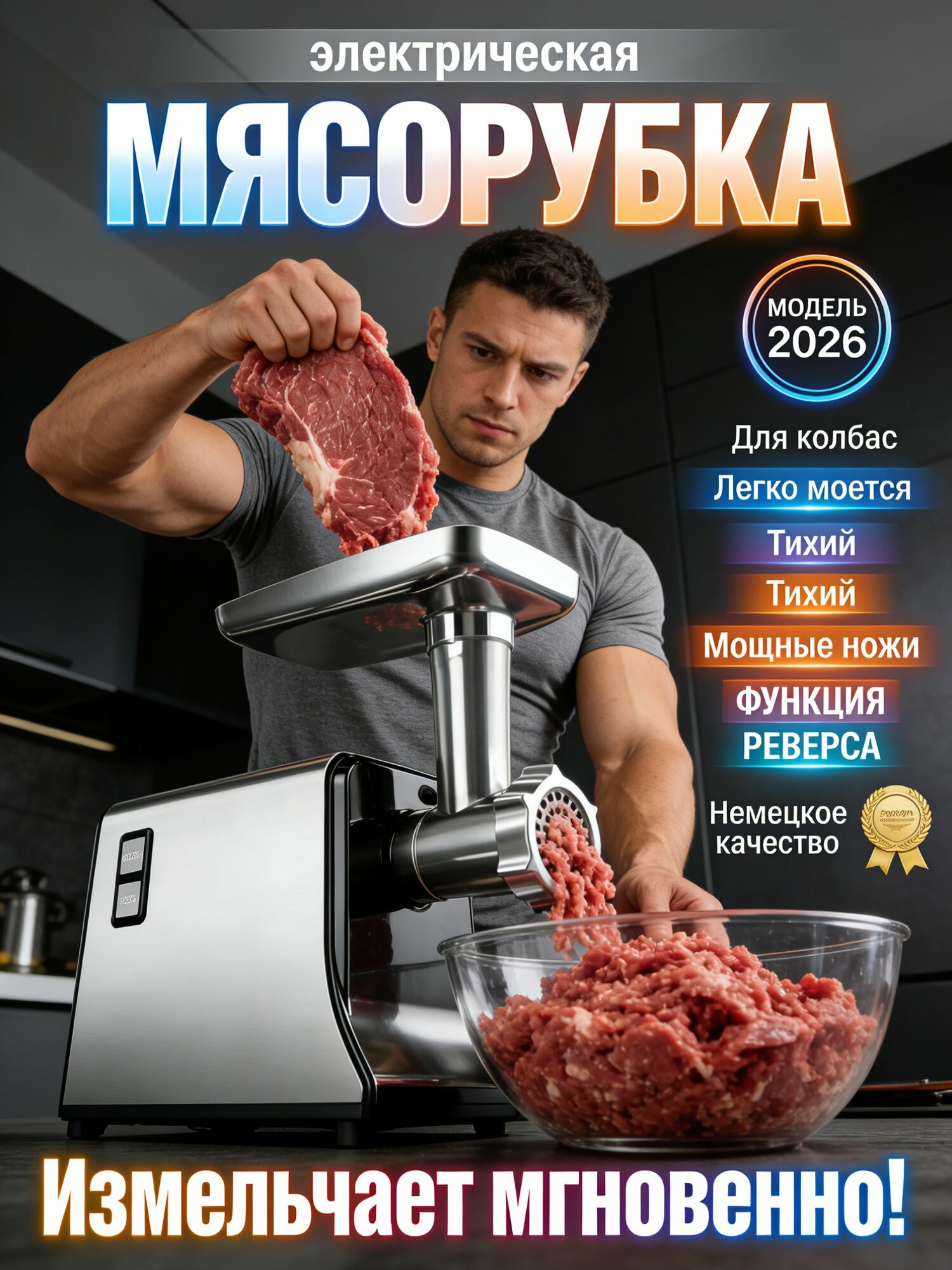 Мясорубка электрическая с насадками для мяса и овощей мощная