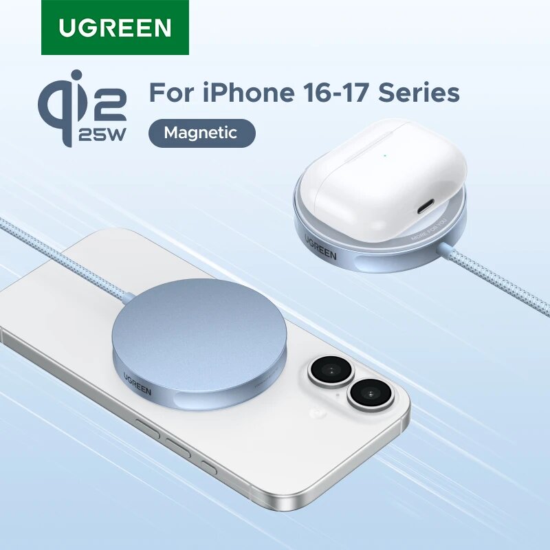 Беспроводная зарядная панель UGREEN Magflow Qi2.2 25W для iPhone 17/16 Pro Max, быстрая зарядка, сертифицировано MagSafe