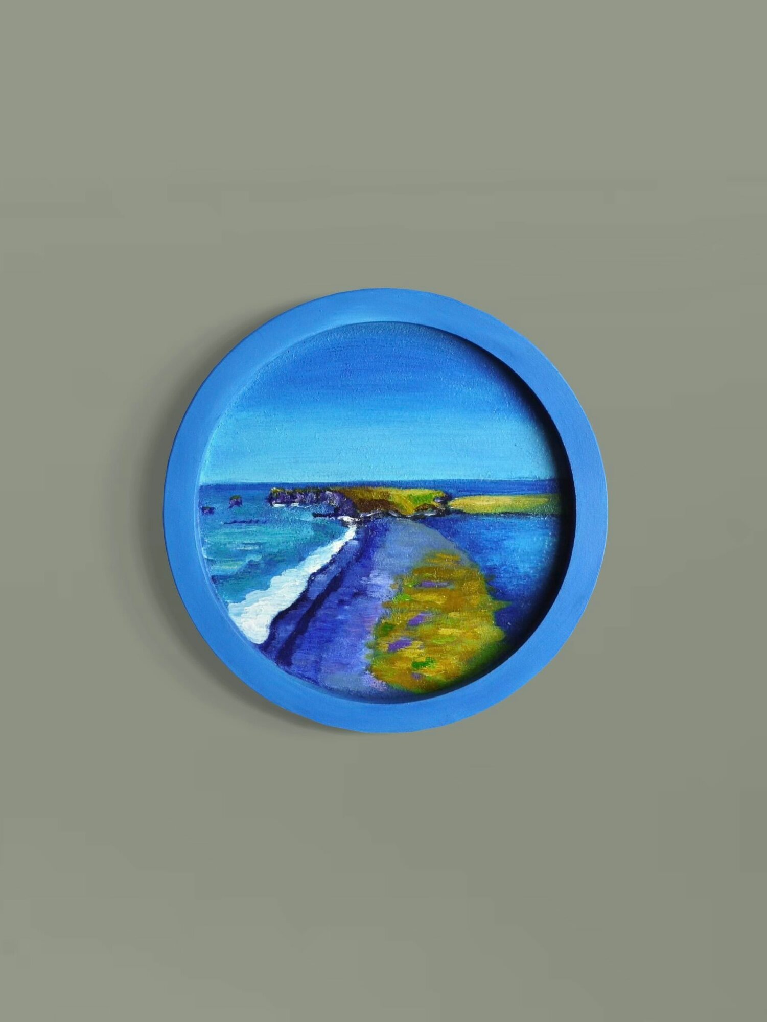 Круглый пейзаж акрилом на артборде, "Берег моря" , d 20 см