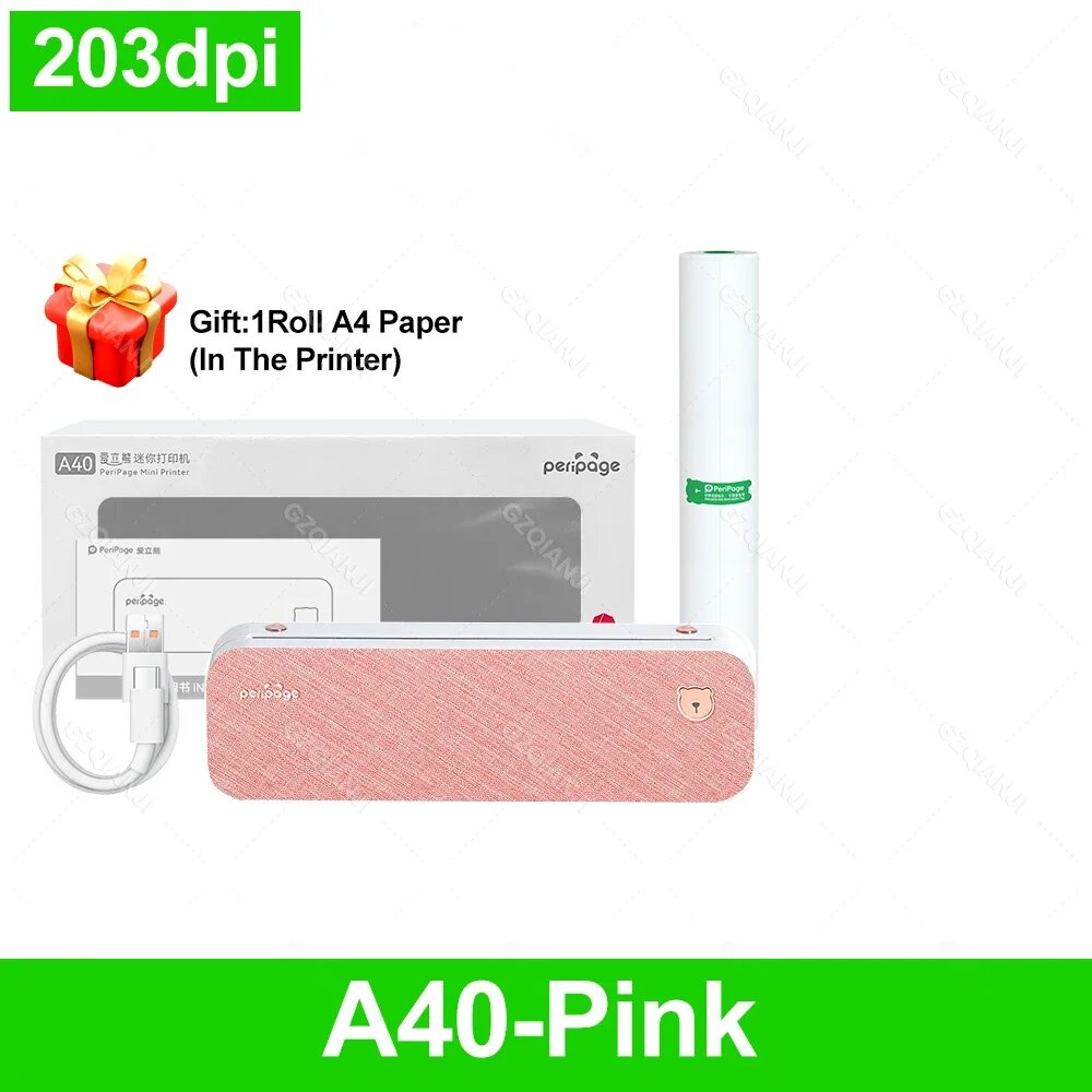 Термопринтер GZQIANJI Peripage A40 Bluetooth Розовый, 203dpi Pink