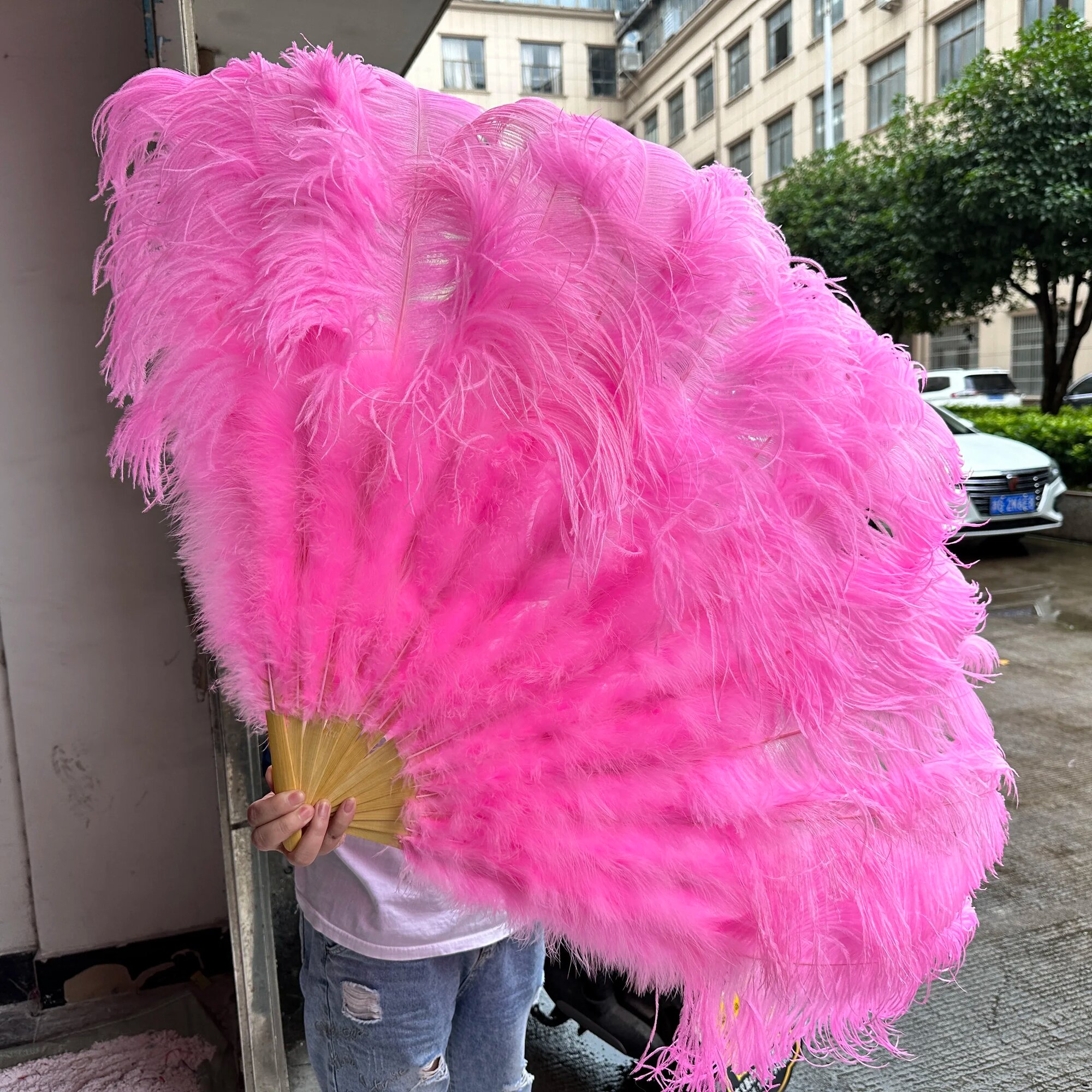 Натуральный веер из страусиных перьев 130 см Розовый, 5 Dark pink, 100cm 1PCS left hand