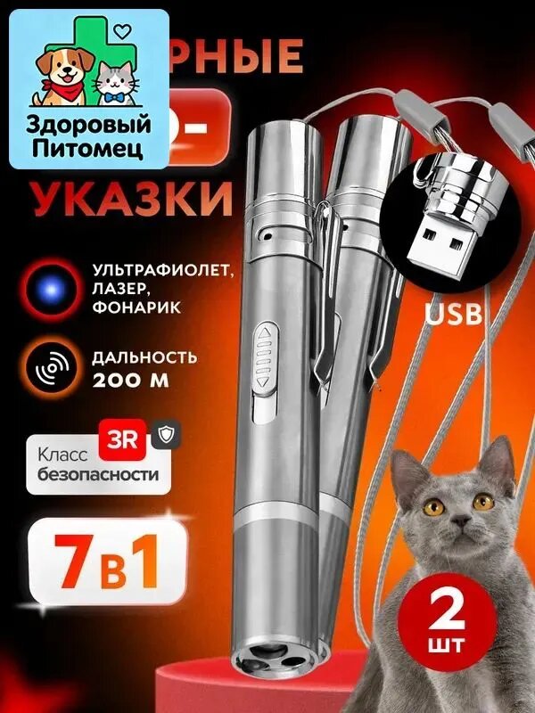 Лазерная указка 7в1, 2 шт, игрушка-дразнилка для кошки со светодиодным фонариком и ультрафиолетом. Ручной фонарь со встроенной зарядкой USB. Мощный лазер для собак/животных, серебристый