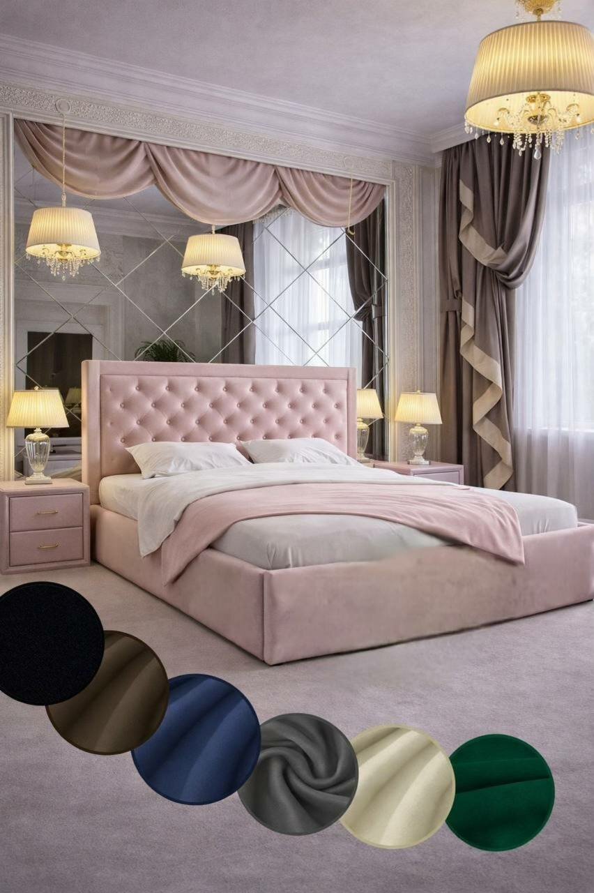 Кровать двуспальная Carriage, 140x200см, мягкая обивка, с подъемным механизмом и ортопедическим основанием, розовая, ткань велюр