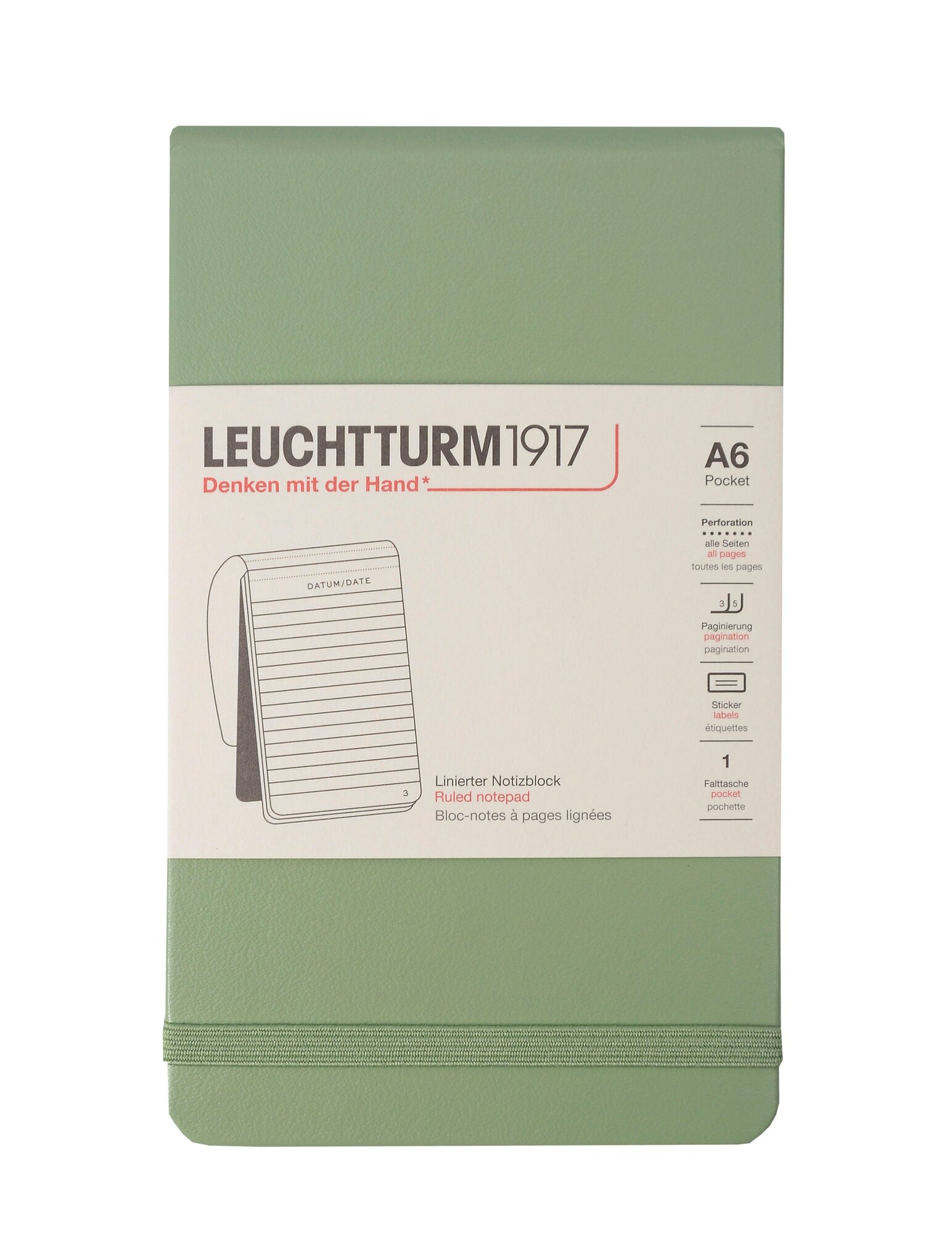 Записная книжка A6, 62 листа в линейку "Portrait Pocket", твердая обложка, шалфей, Leuchtturm1917