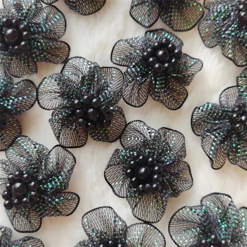30 шт, черная атласная лента из органзы, цветы 3 см, искусственные бусины, цветочные аппликации, ткань для шитья, сделай сам, ремесло, украшение для свадебного подарка