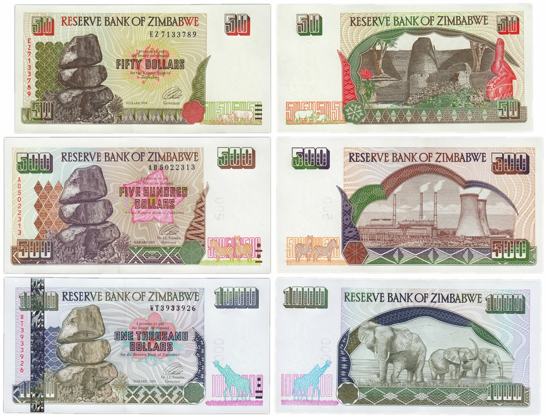 Зимбабве набор из 3 банкнот 50, 500, 1000 долларов 1994-2003
